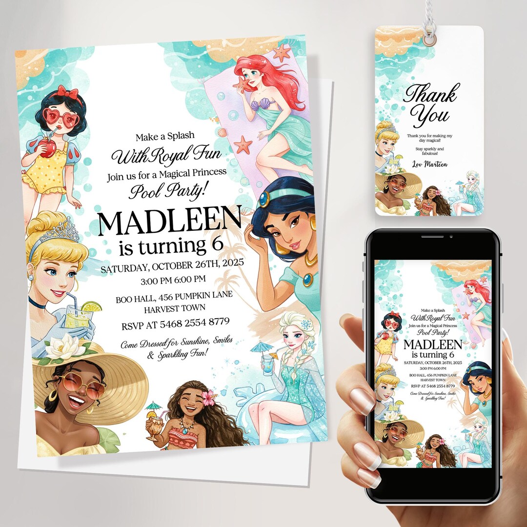 Editable Princess Pool Party Invitation, Canva Summer Birthday Bundle ...