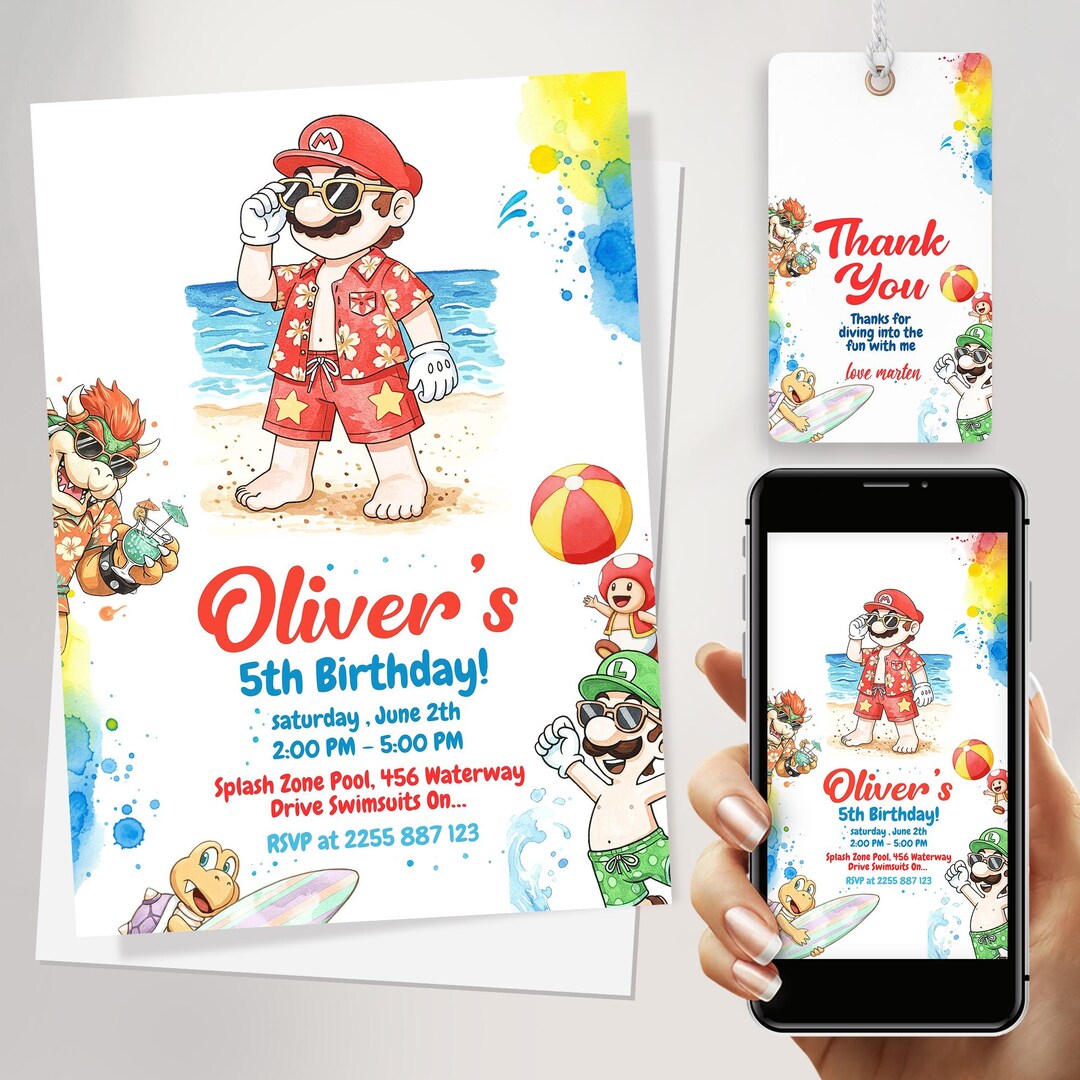 Super Mario Beach Pool Party Invitation | Tropical Summer Birthday ...