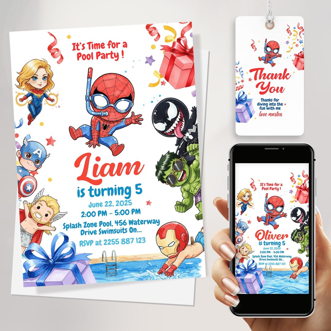 Avengers Superhero Pool Party Invitation Template | Editable Canva ...
