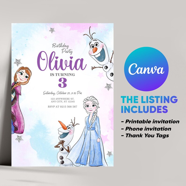 Editable Frozen Birthday Invitation: Editable Canva Template With Thank ...