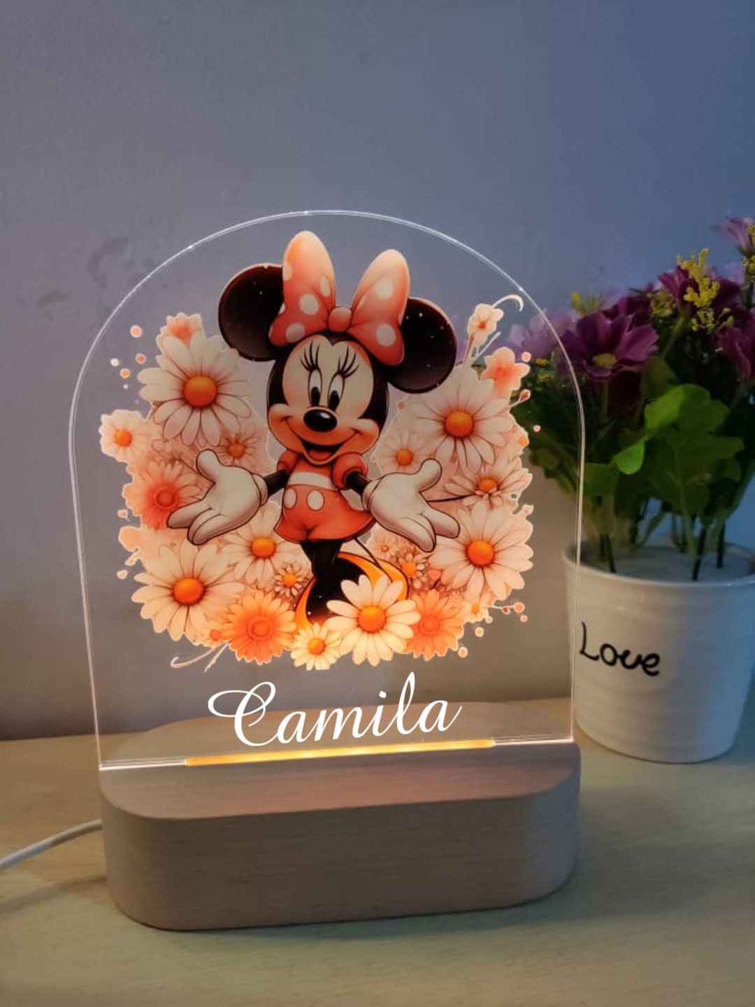 Personalised Minnie Mouse and Flowers Daisy Night Light custom Name ...