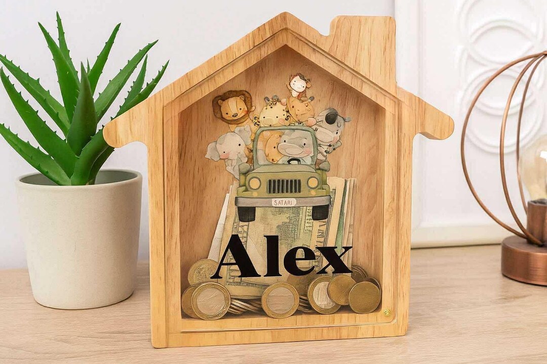 Personalised Safari Animal Money Box /baby Gift Custom Name - Baby Girl ...