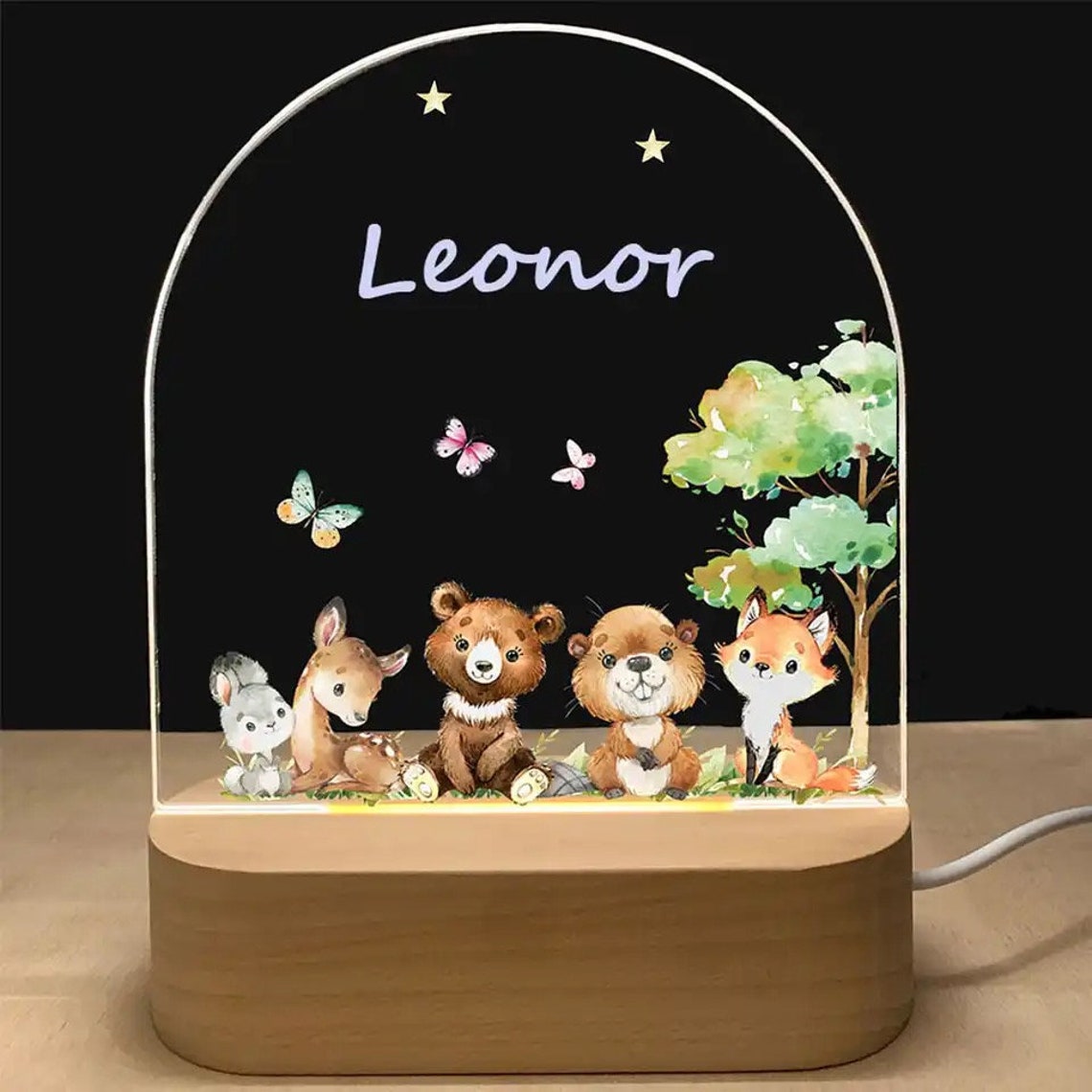 Personalised Wood Land Animal Night Light custom Name - Etsy