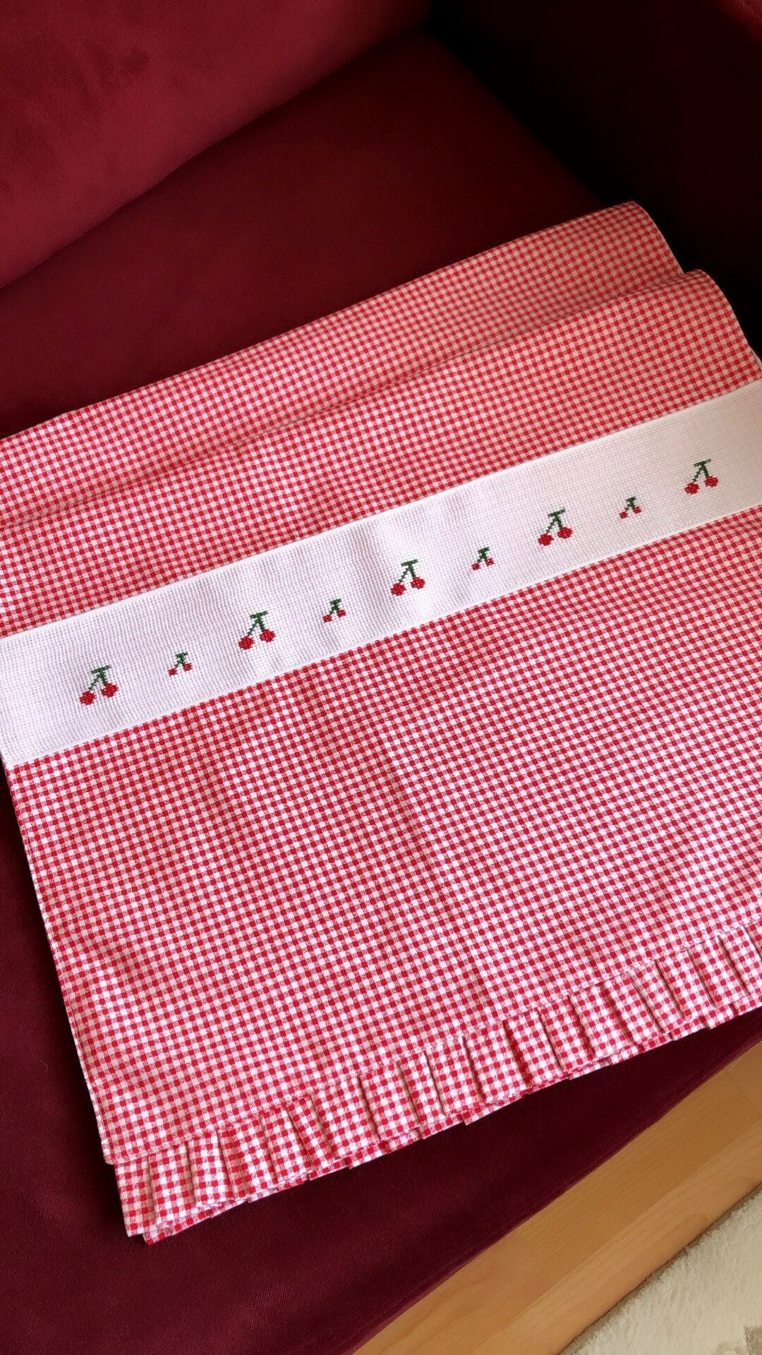 Red Gingham Table Runner With Cherry Cross Stitch and Ruffle Details ...