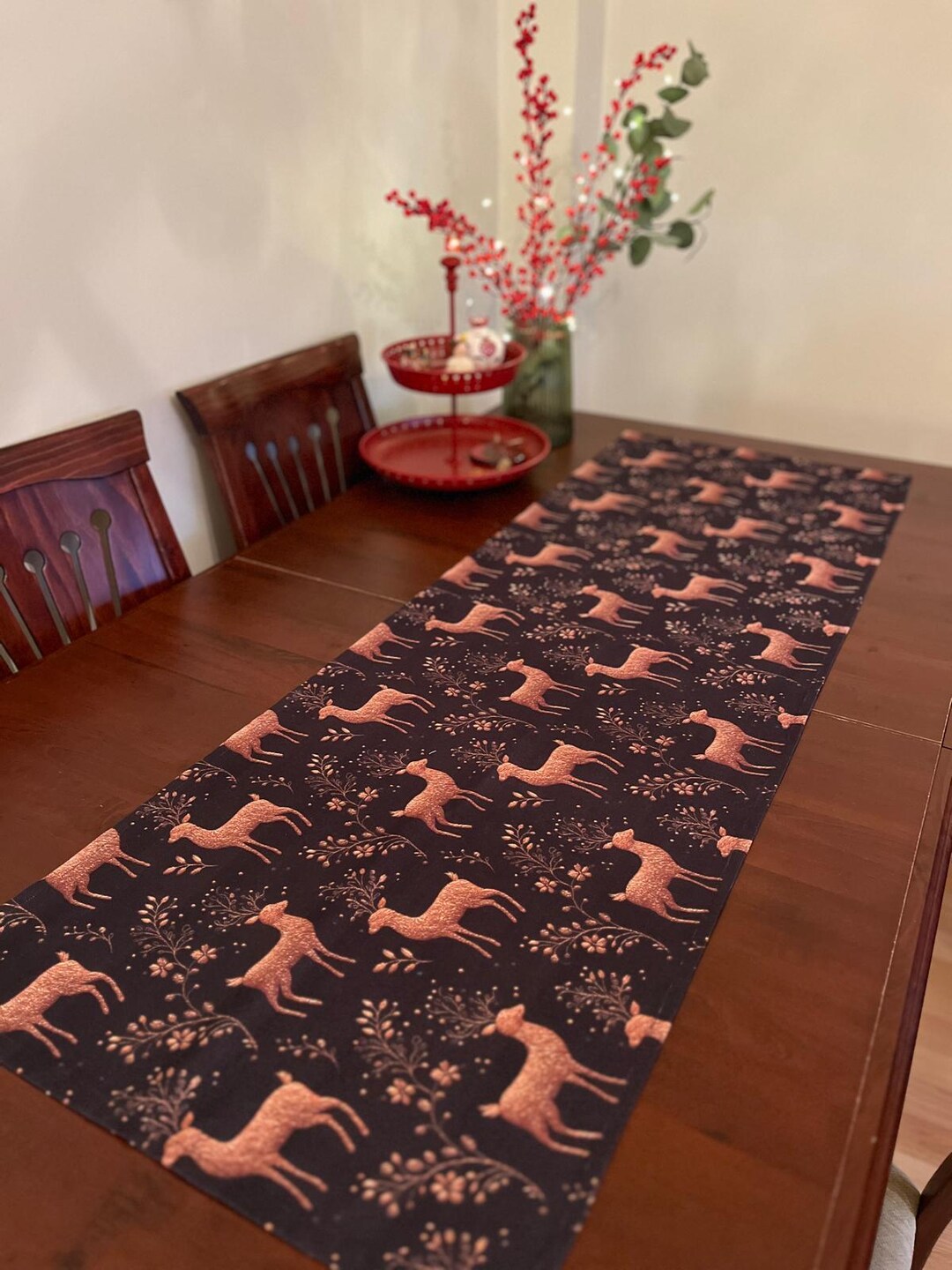 Rustic Brown Reindeer Christmas Table Runner, 3D Embroidered Effect ...