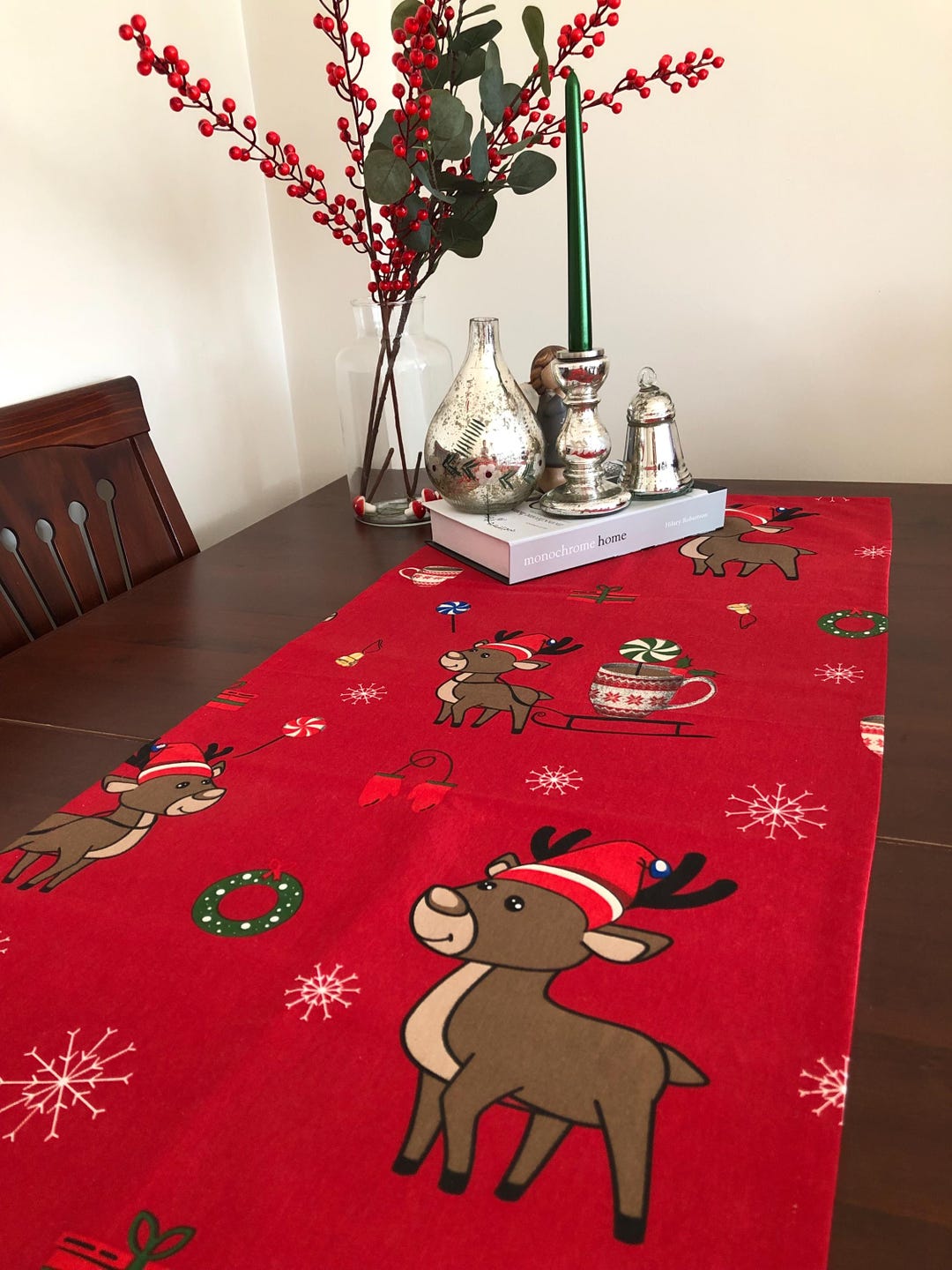 Red Christmas Table Runner - Festive Reindeer Design, Premium Linen ...