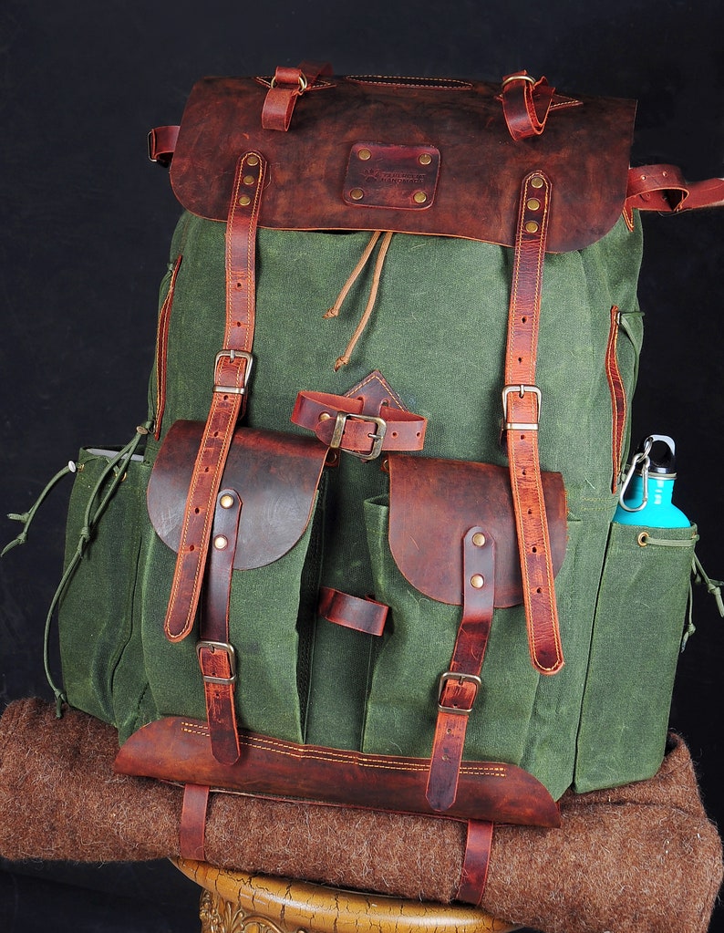 Green Bestseller Leather Backpack Waxed Canvas Bag - Etsy