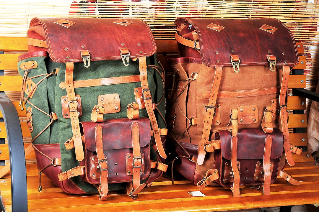 Brown-blue-green | Handmade Canvas Backpack | 35L-45L | Leather ...