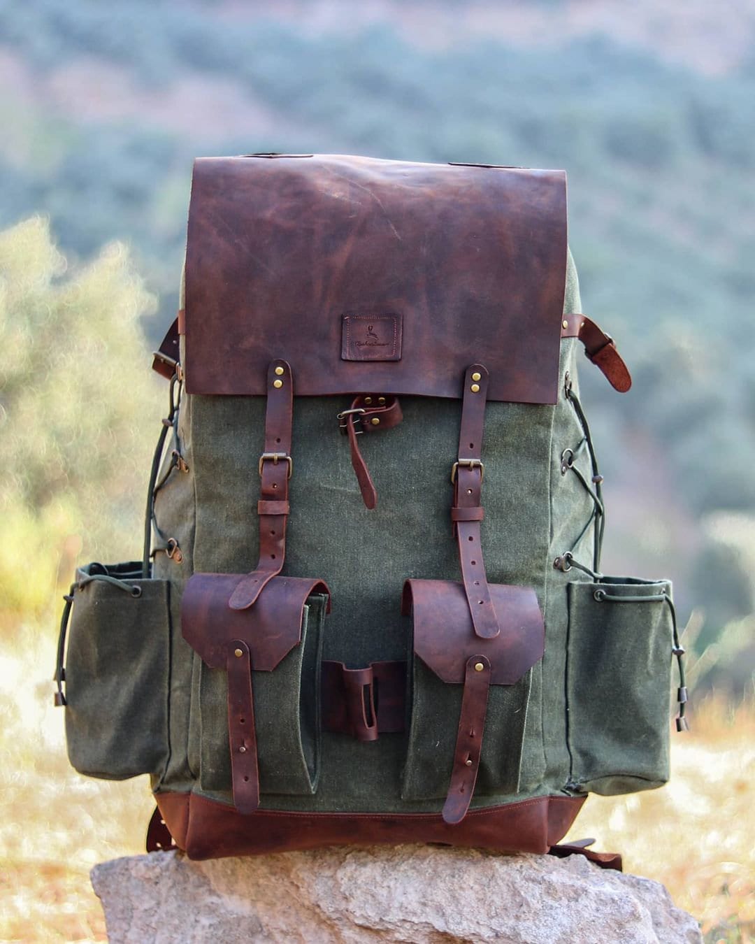 Handmade Genuine Green Leather and Waxed Canvas Backpack for Travel ...