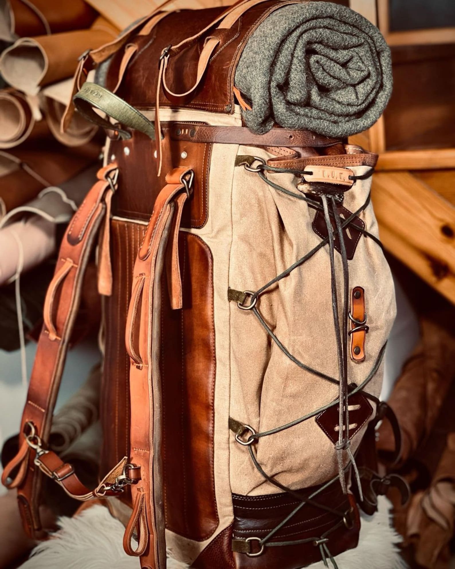 Waxed Canvas and Leather Backpack 45 L Handmade Leather, Waxed Backpack ...