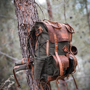 50L L Green-brown-black L Handmade Leather and Waxed Canvas Backpack L ...