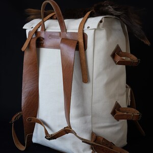 Handmade Genuine White Leather and Waxed Canvas Backpack for Travel ...