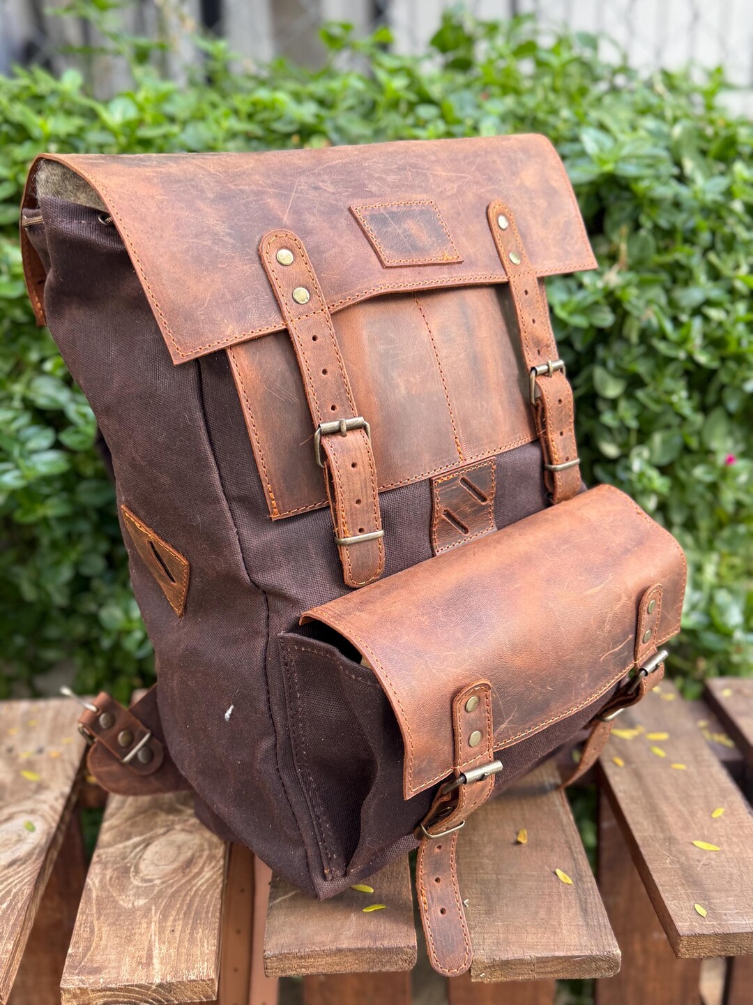 Leather - Waxed Canvas Daypack, Dark Brown,tan,black, Blue Color, 15L ...