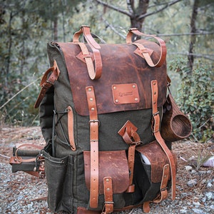 50L L Green-brown-black L Handmade Leather and Waxed Canvas Backpack L ...