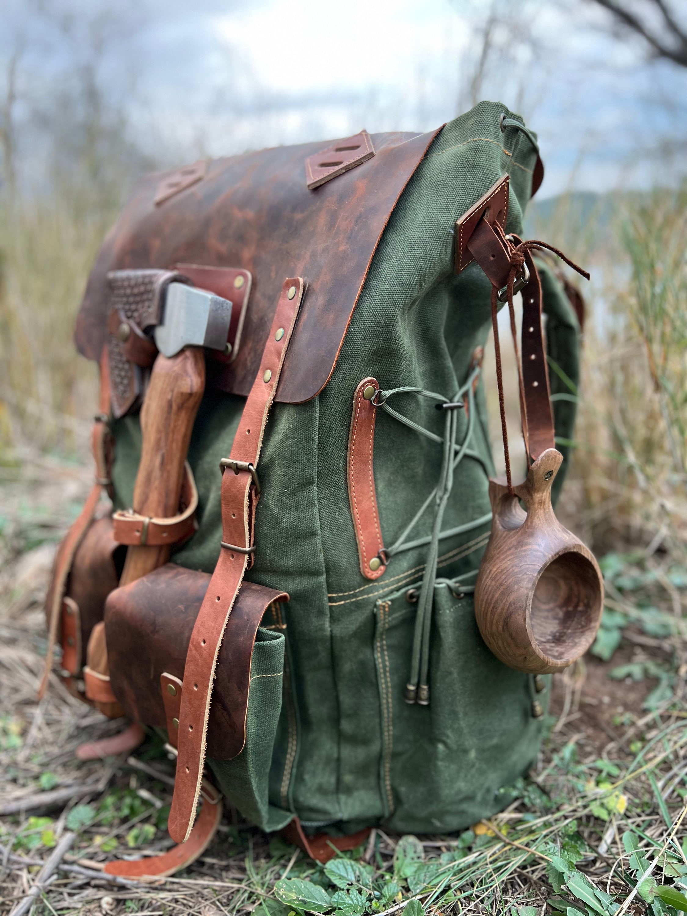 50L | Camping Backpack | Bushcraft Backpack | Brown - Green | Handmade ...