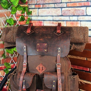 50L L Green-brown-black L Handmade Leather and Waxed Canvas Backpack L ...