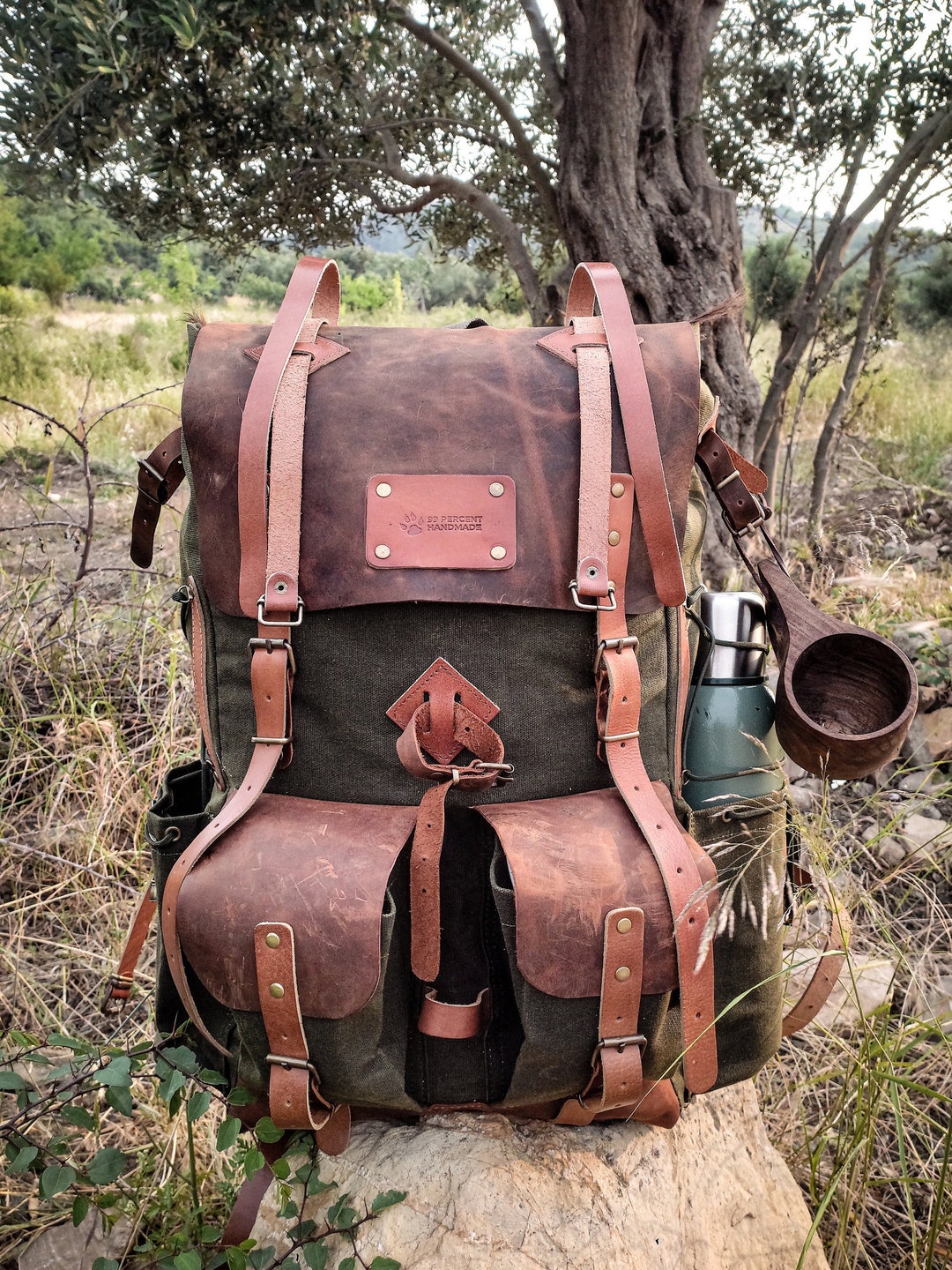 Canvas Leather Backpack for Bushcraft Camping Hiking With Black-brown ...