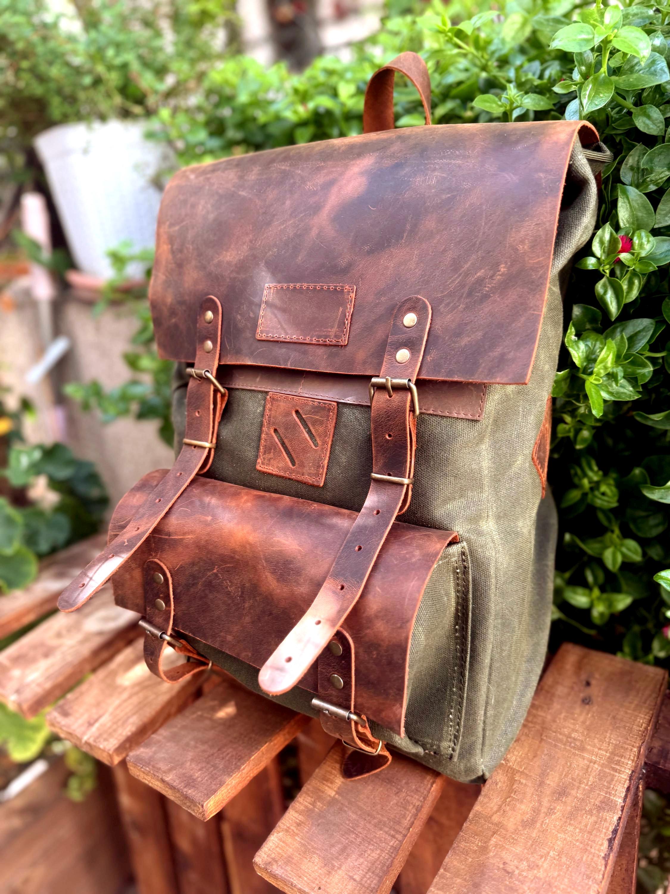 Leather - Waxed Canvas Daypack, Dark Brown,tan,black, Blue Color, 15L ...