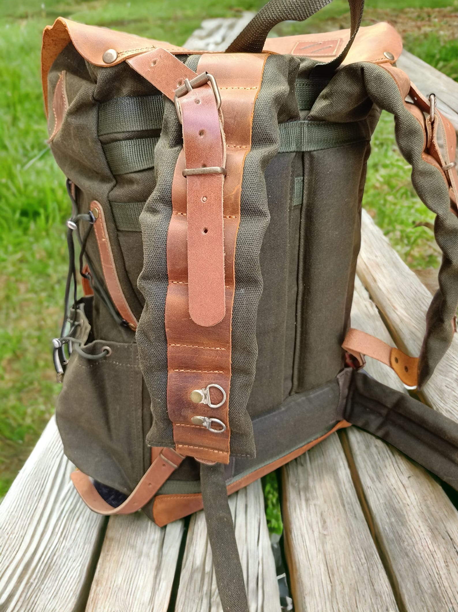 Handmade Bushcraft Waxed Canvas Backpack With Black-brown-green and 30 ...