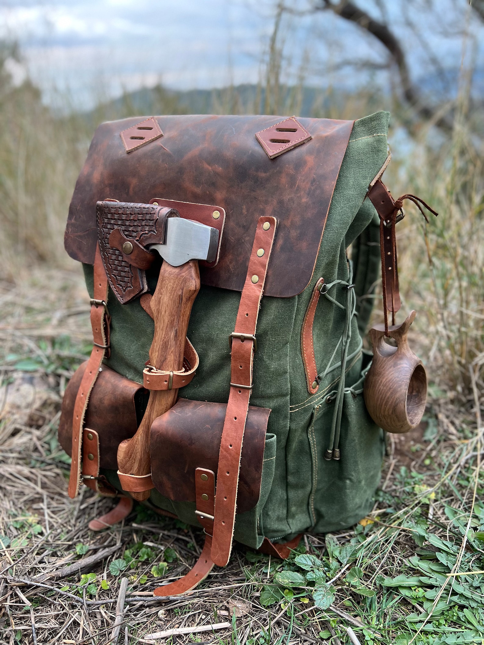 50L | Camping Backpack | Bushcraft Backpack | Brown - Green | Handmade ...