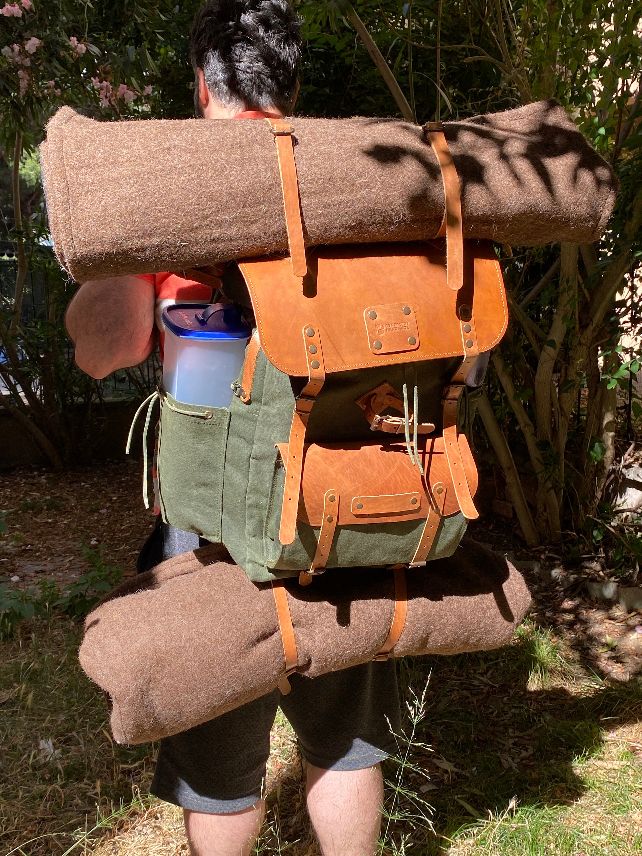 Bushcraft Handmade Green Canvas and Genuine Tan Leather Backpack for ...