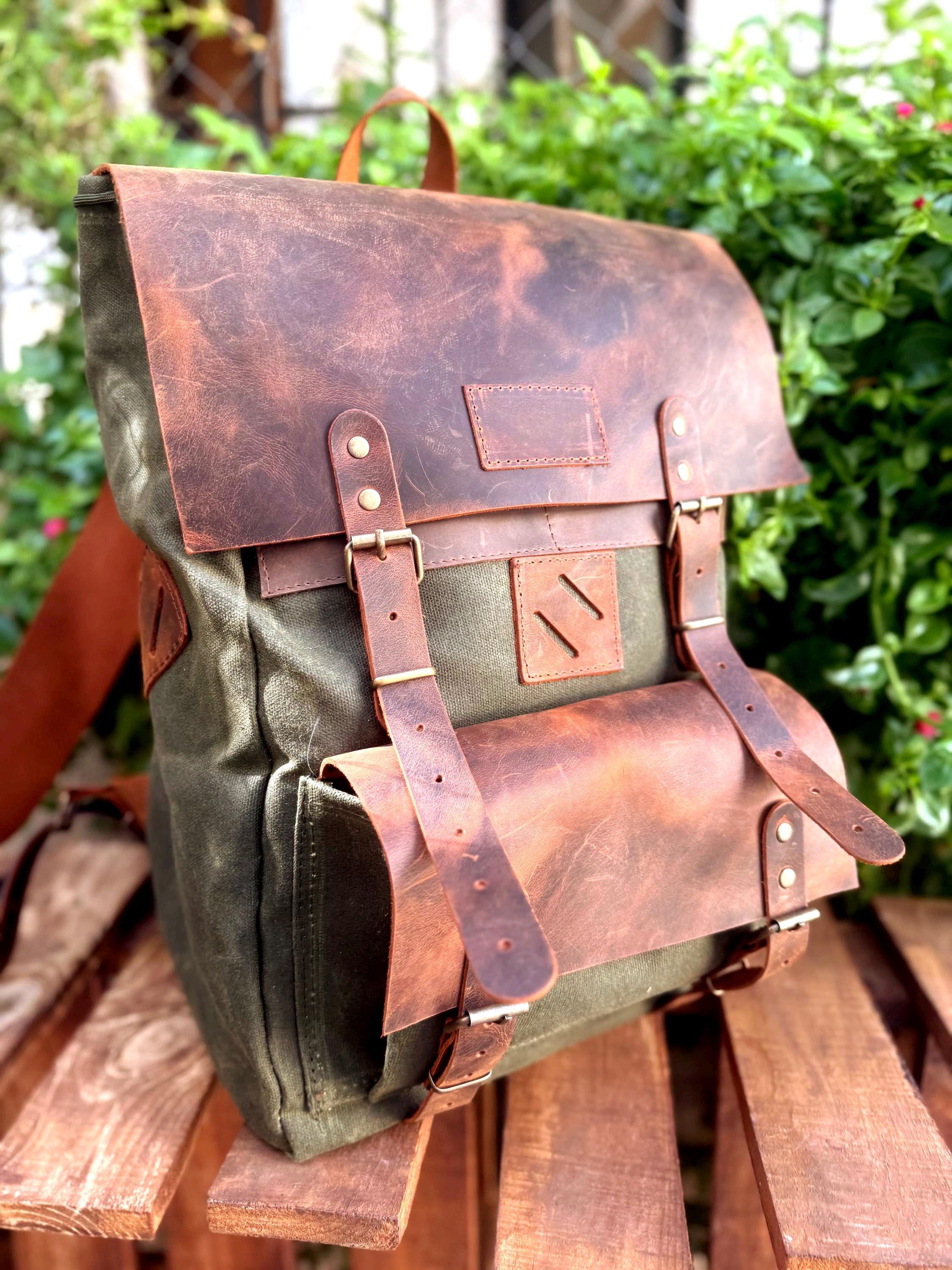 Leather - Waxed Canvas Daypack, Dark Brown,tan,black, Blue Color, 15L ...