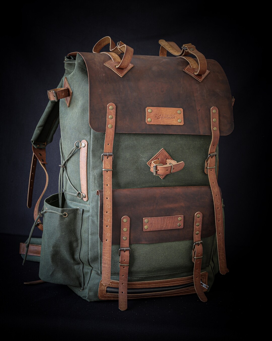 Bushcraft Handmade Green Wax Canvas and Genuine Leather Backpack for ...