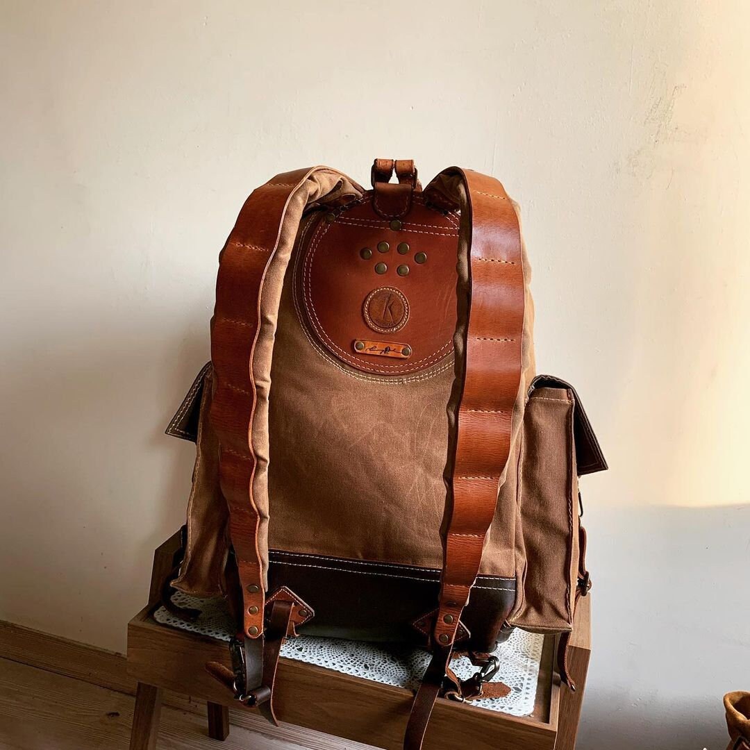 Handmade Leather and Waxed Canvas Backpack for Travel Bag, Camping Bag ...