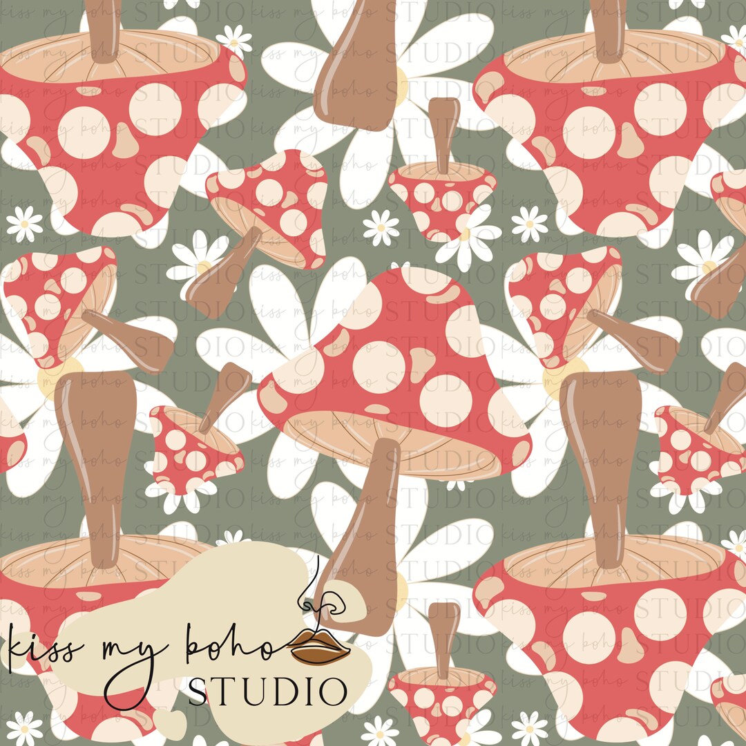 Red Boho Mushroom and Daisy Seamless File, Repeating Clothing Pattern, Cute Summer Clothes ...