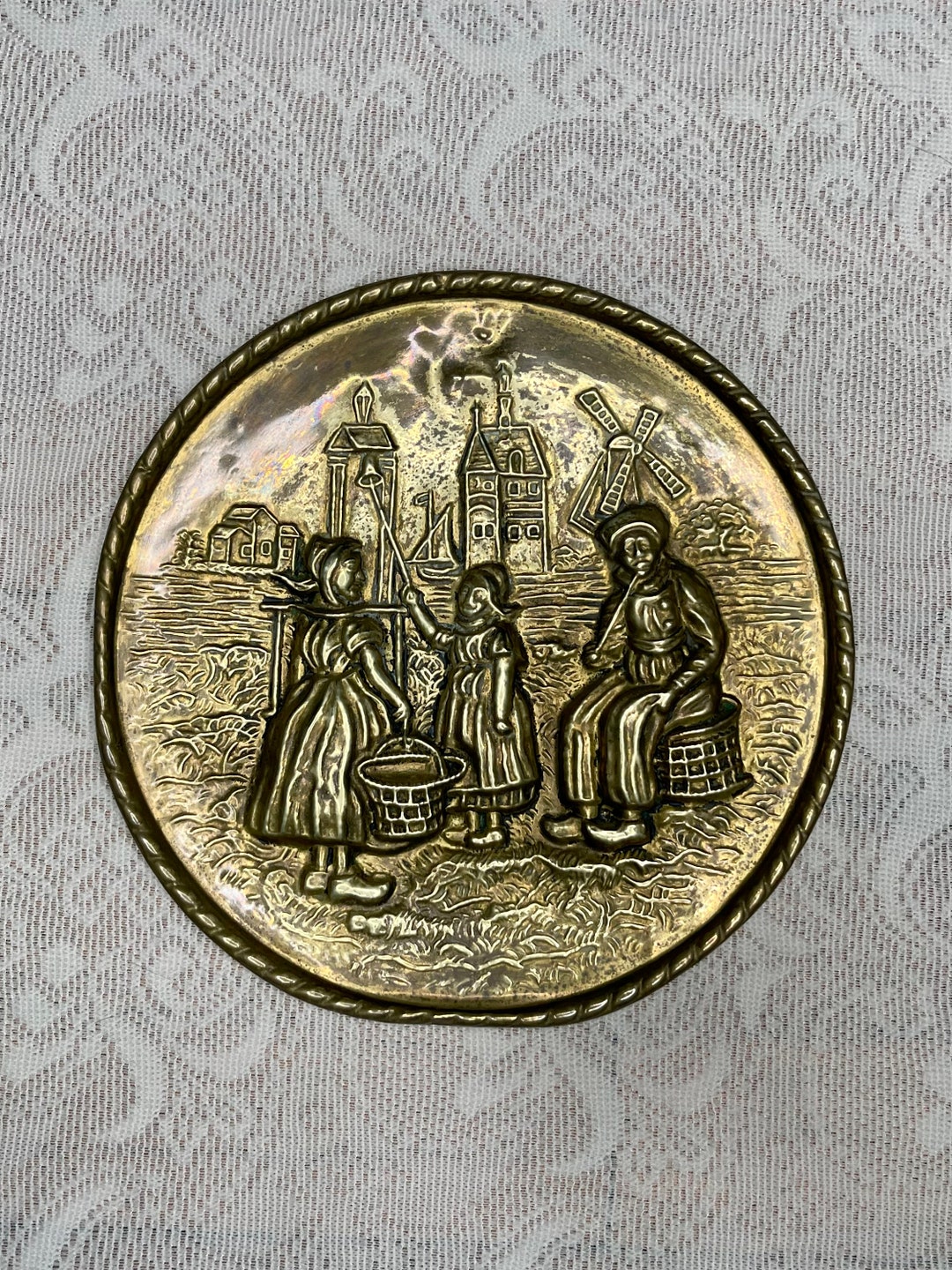 Vintage Peerage Brass Wall Plate Wall Art Hanging Two Girls and Old Man ...