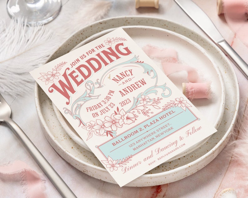 Vintage Wedding Invitation, Retro Wedding Invitation, Customizable ...