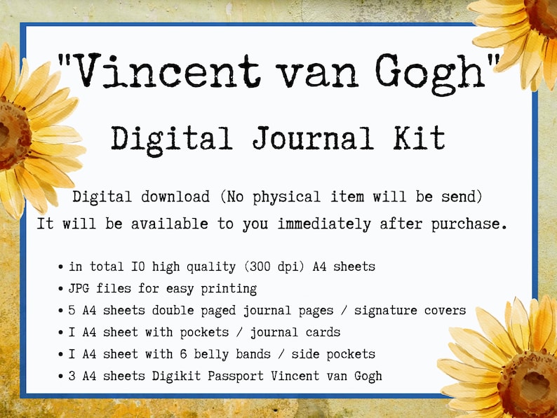 Vincent Van Gogh - Digital Journal Kit. Printable Journal Pages, Belly ...