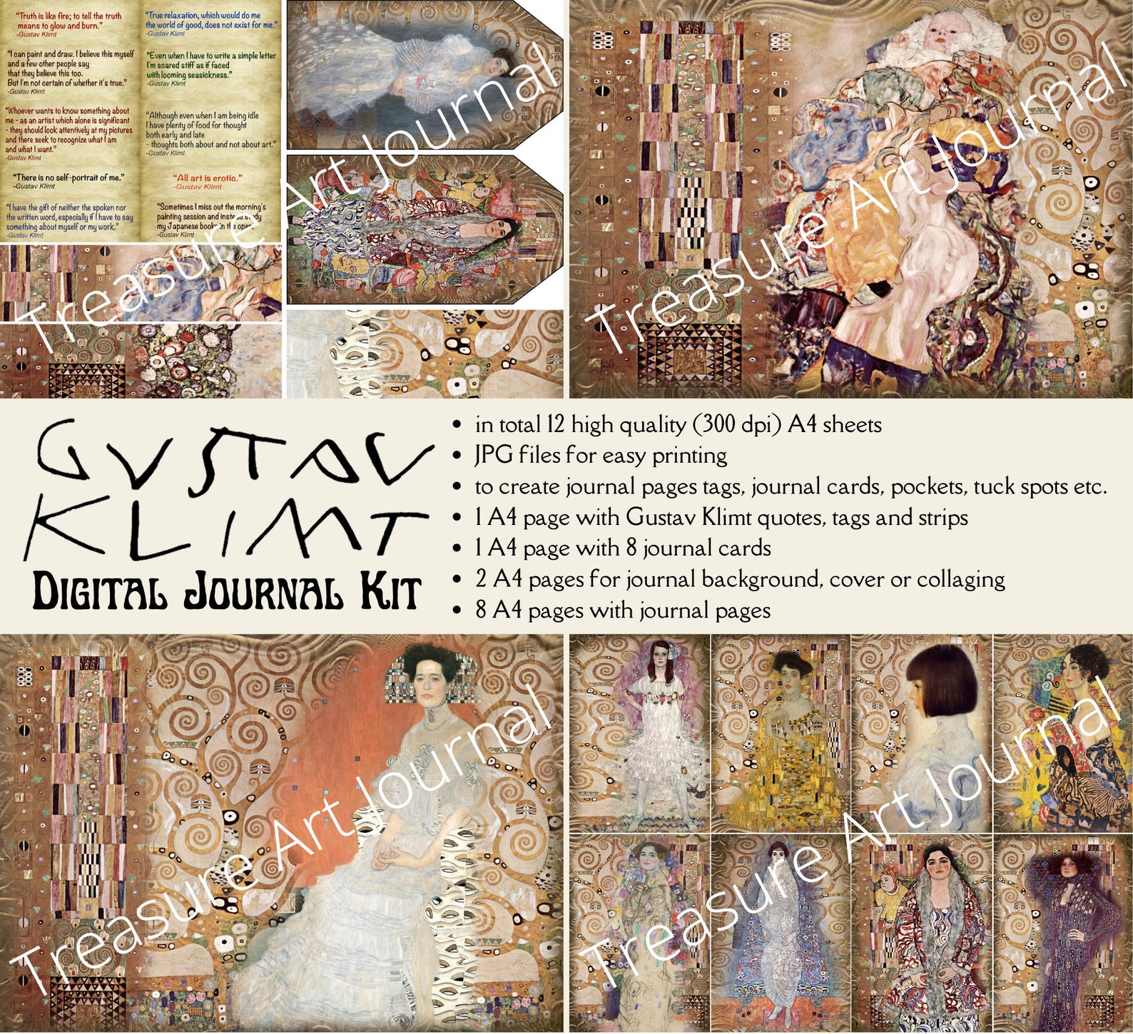 Gustav Klimt Digital Journal Kit - Printable Journal Pages, Vintage ...