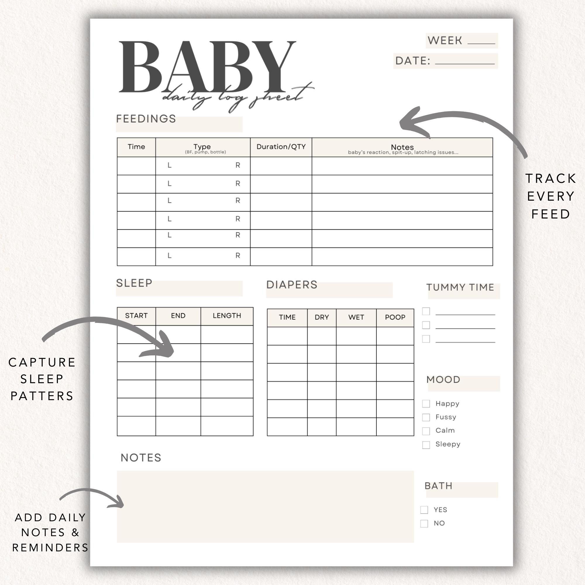 Daily Newborn Log Sheet Printable | Baby Tracker PDF | Feeding Diaper ...