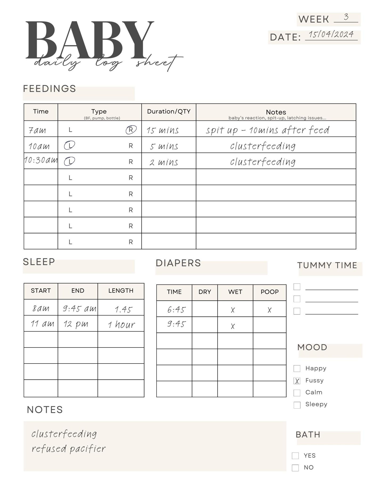 Daily Newborn Log Sheet Printable | Baby Tracker PDF | Feeding Diaper ...
