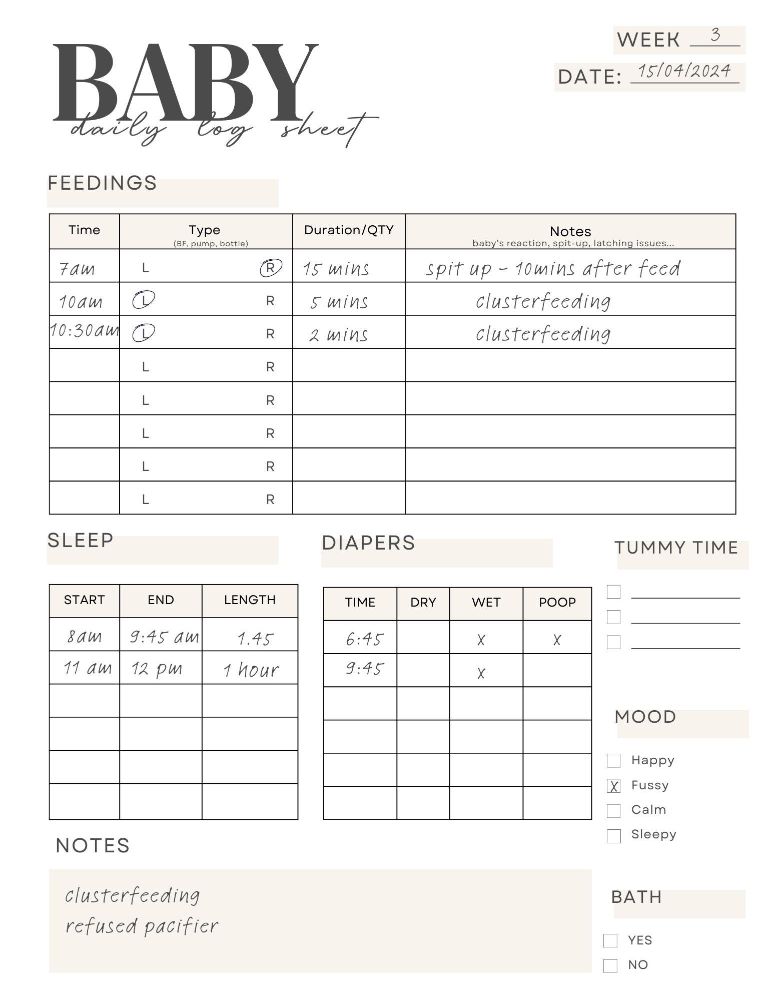 Daily Newborn Log Sheet Printable | Baby Tracker PDF | Feeding Diaper ...