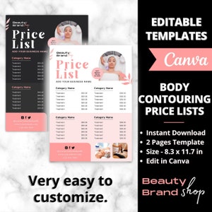 Editable Price List Template, Estheticians Beauty Spa Salons Price List, Body Sculpting ...
