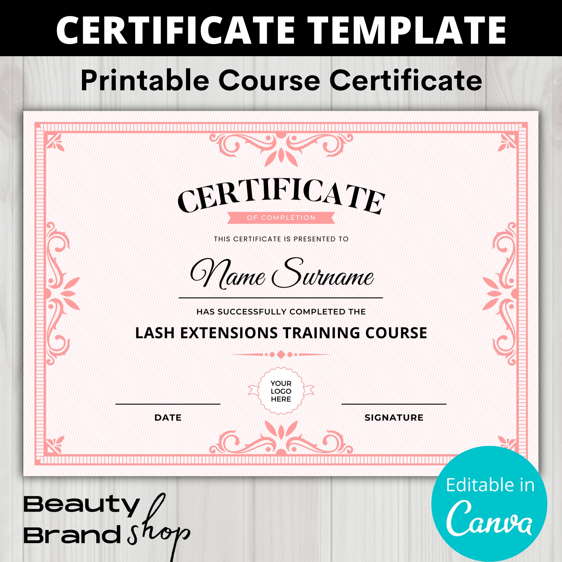 Printable Certificate of Completion Template Beauty Course - Etsy