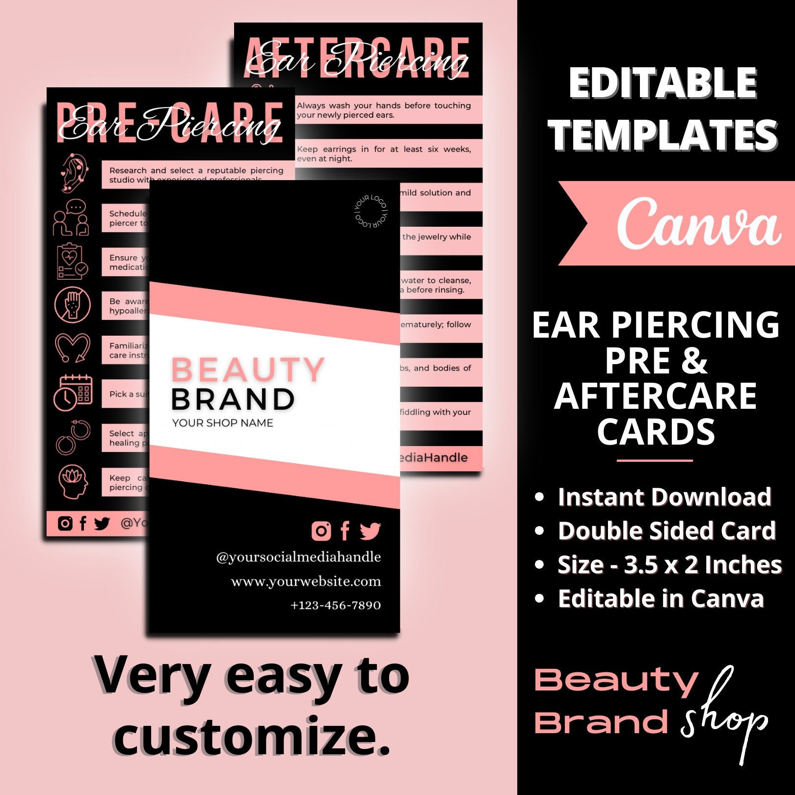 Ear Piercing Aftercare Template, Editable Piercing Guide Card, Piercing ...