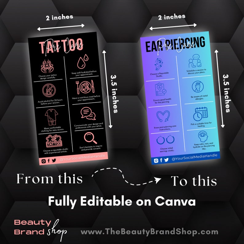 Tattoo Aftercare Card Template With Icons, Editable Care Card, Tattoo ...