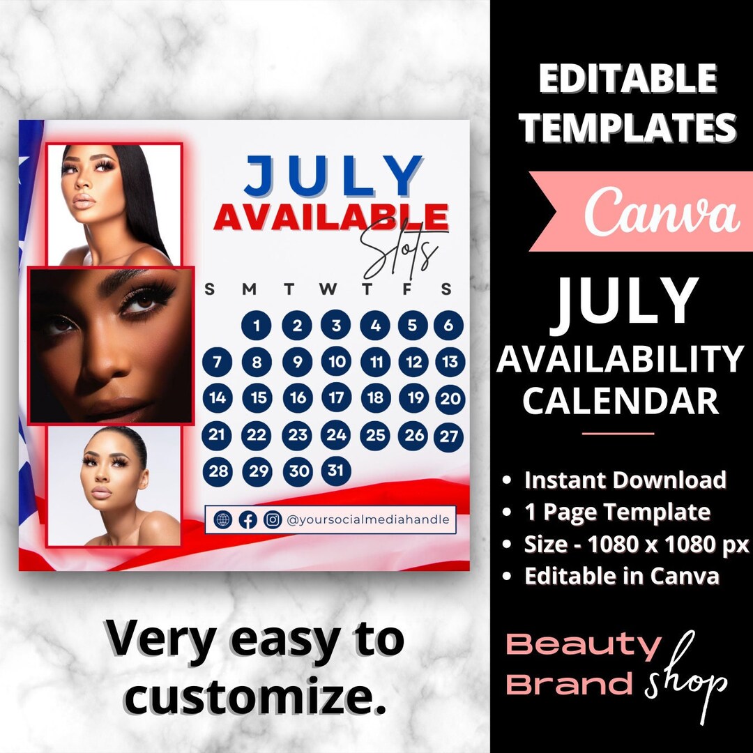 July Availability Calendar, July Bookings Available Dates, Available ...