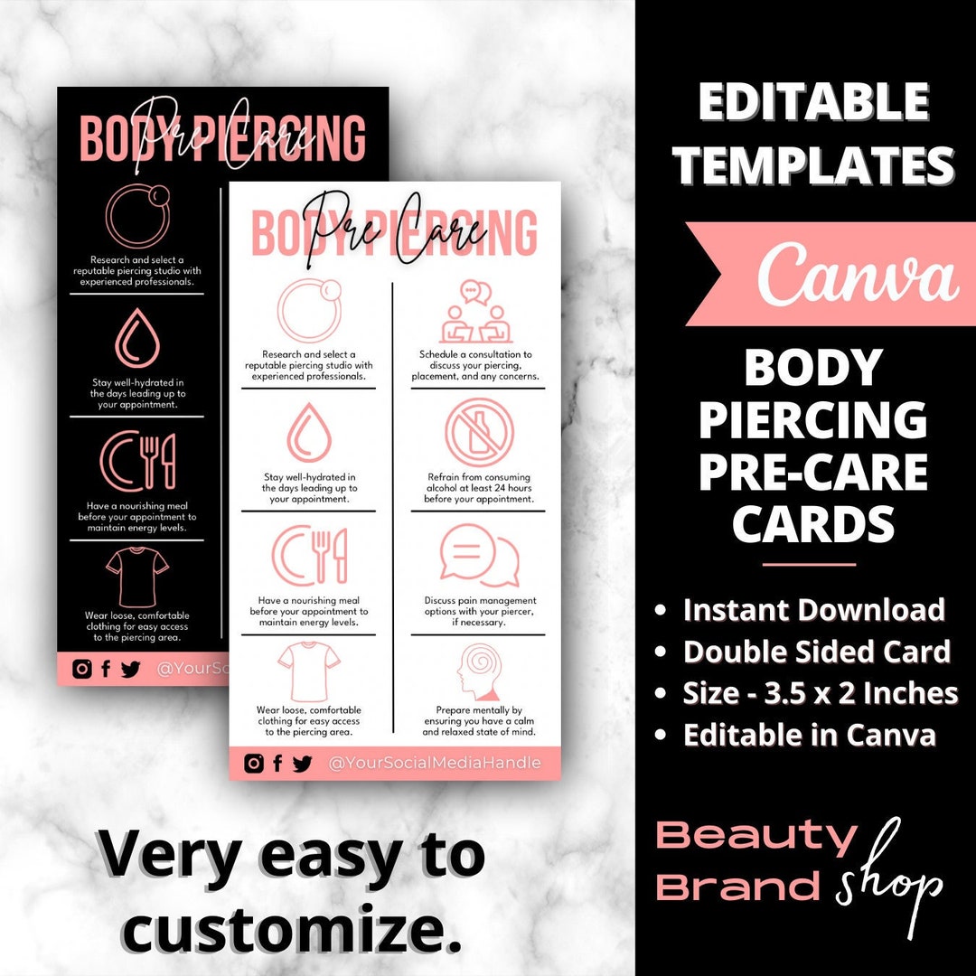 Body Piercing Pre-care Card, Body Piercing Care Card, Piercing Pre ...