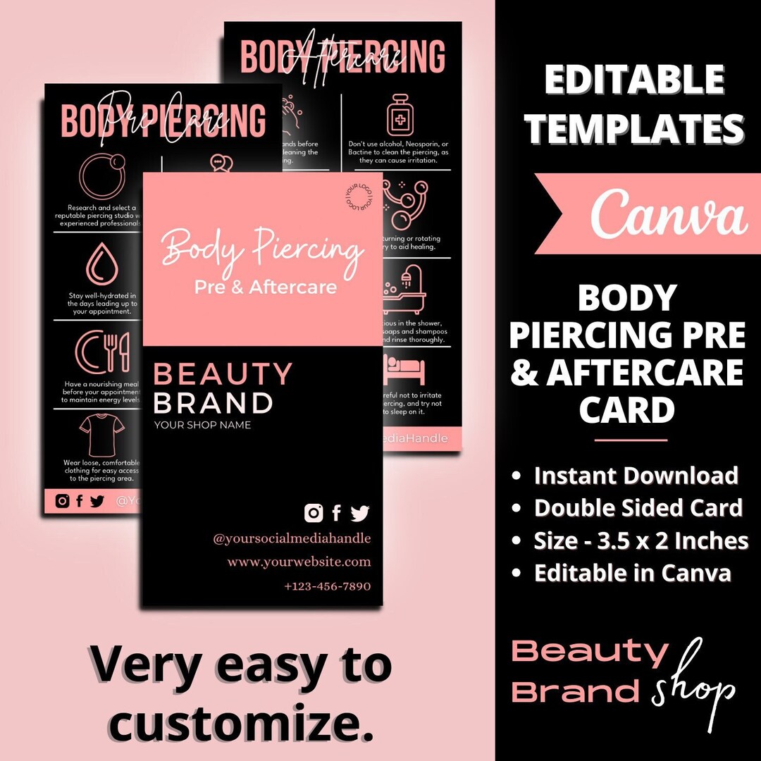 Body Piercing Aftercare Card, Body Piercing Care Card, Piercing After ...