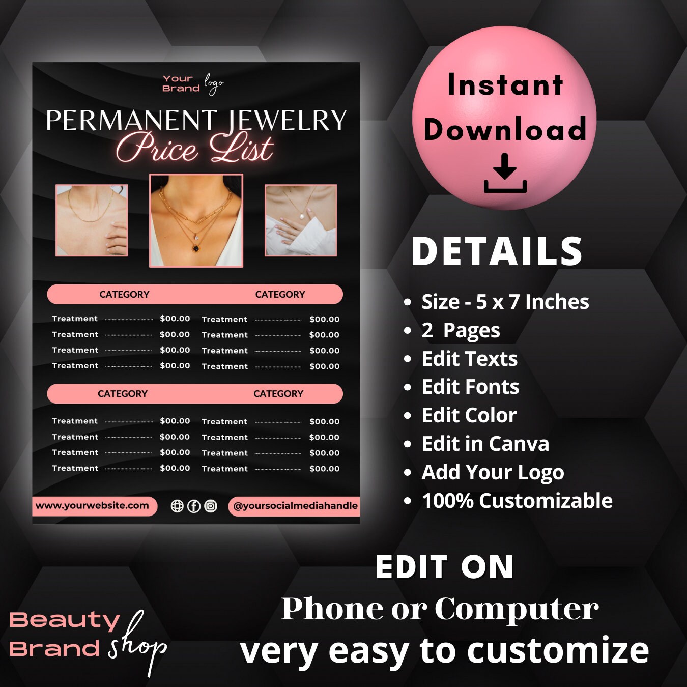 Editable Permanent Jewelry Price Lists, Printable Price List Design ...
