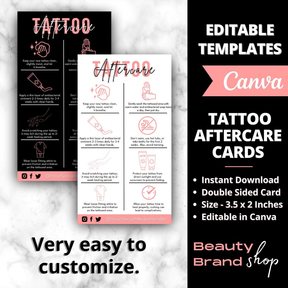 Tattoo Aftercare Cards Template With Icons, Editable Care Card, Tattoo ...