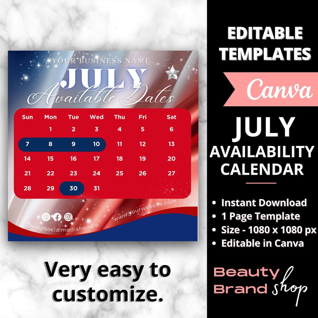 July Availability Calendar, July Bookings Available Dates, Available ...