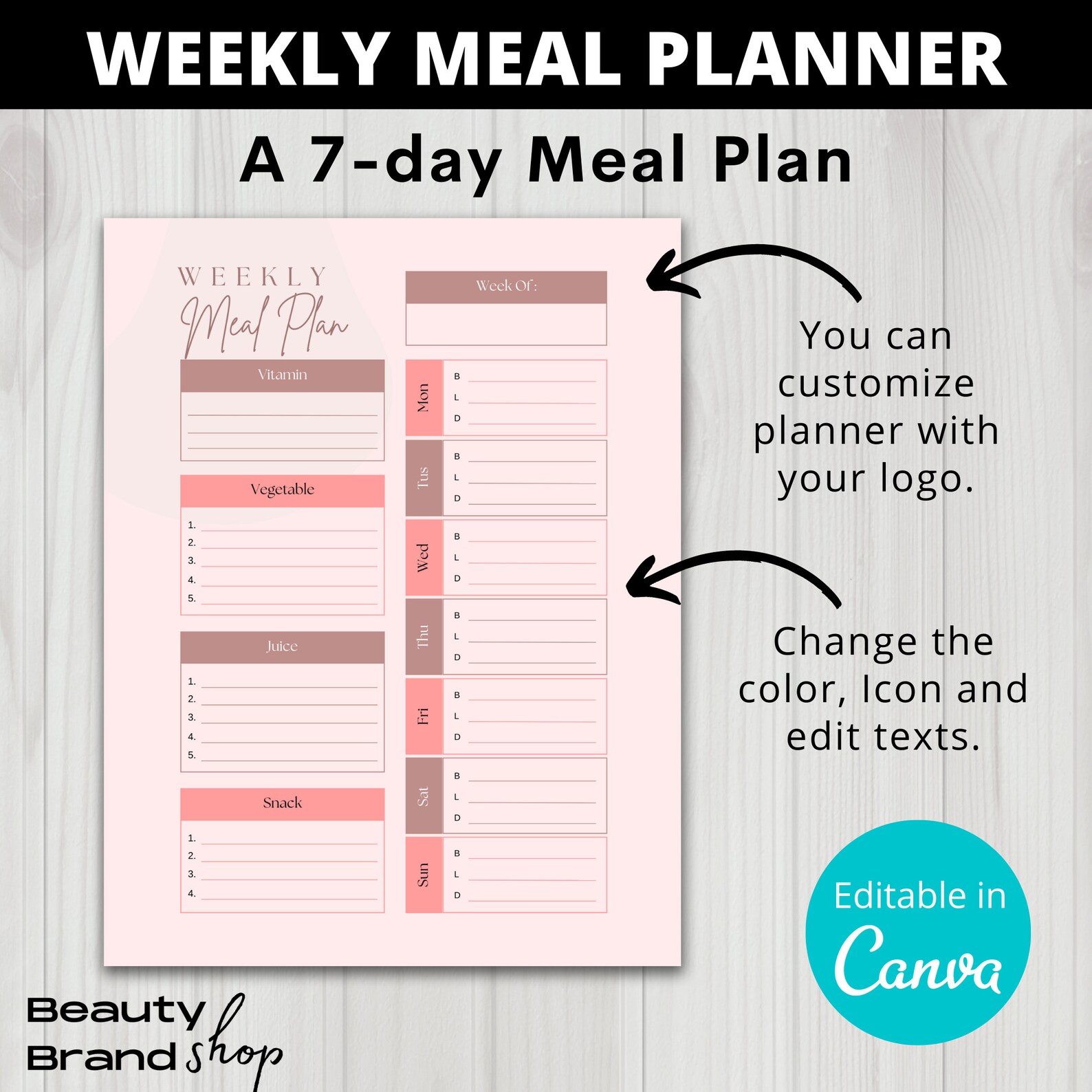 Weekly Meal Planner, Editable 7 Day Meal Planner, Meal Planning, Meal ...