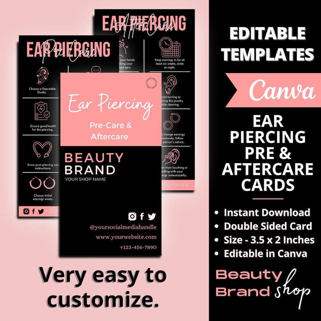 Ear Piercing Aftercare Template, Editable Piercing Guide Card, Piercing ...