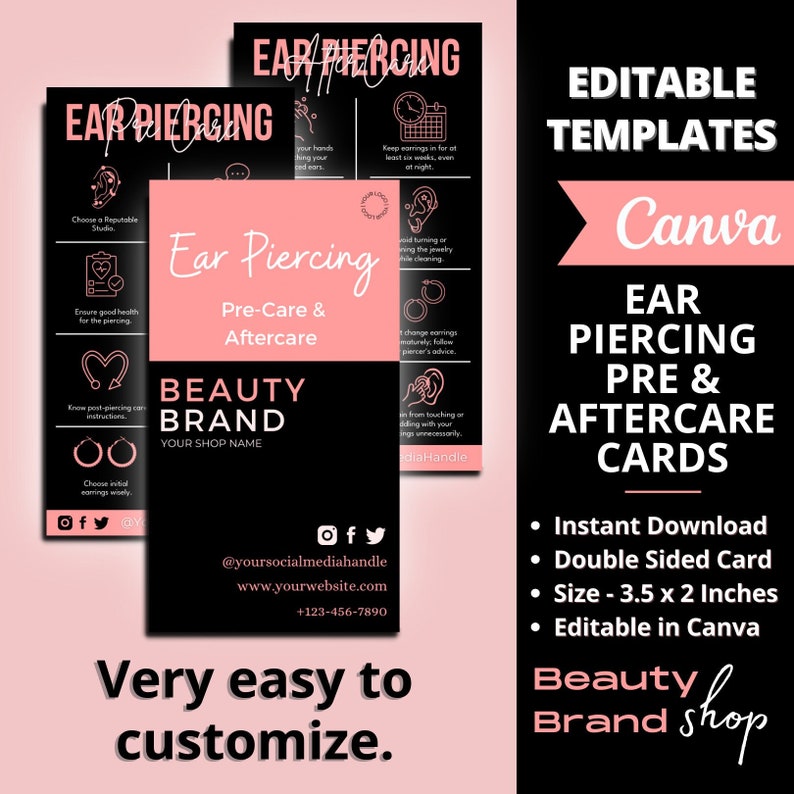 Ear Piercing Aftercare Template, Editable Piercing Guide Card, Piercing ...