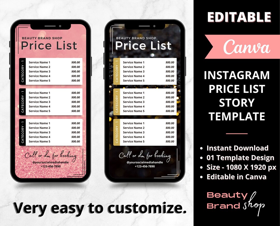 Instagram Price List Template for Story Highlights, IG Stories Price ...